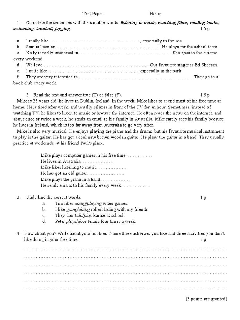 Test Paper Hobbies cls.9 | PDF