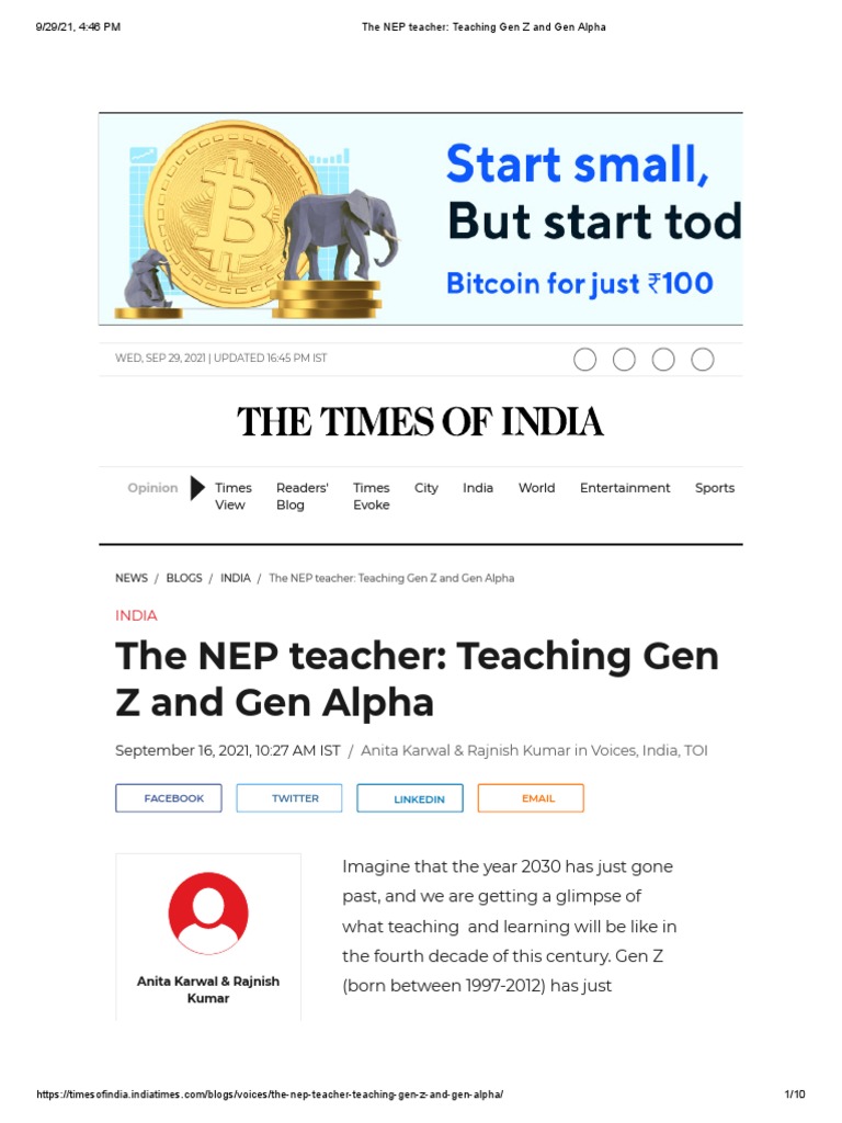 TOI-The NEP Teacher - Teaching Gen Z and Gen Alpha-16-9-21 | PDF ...