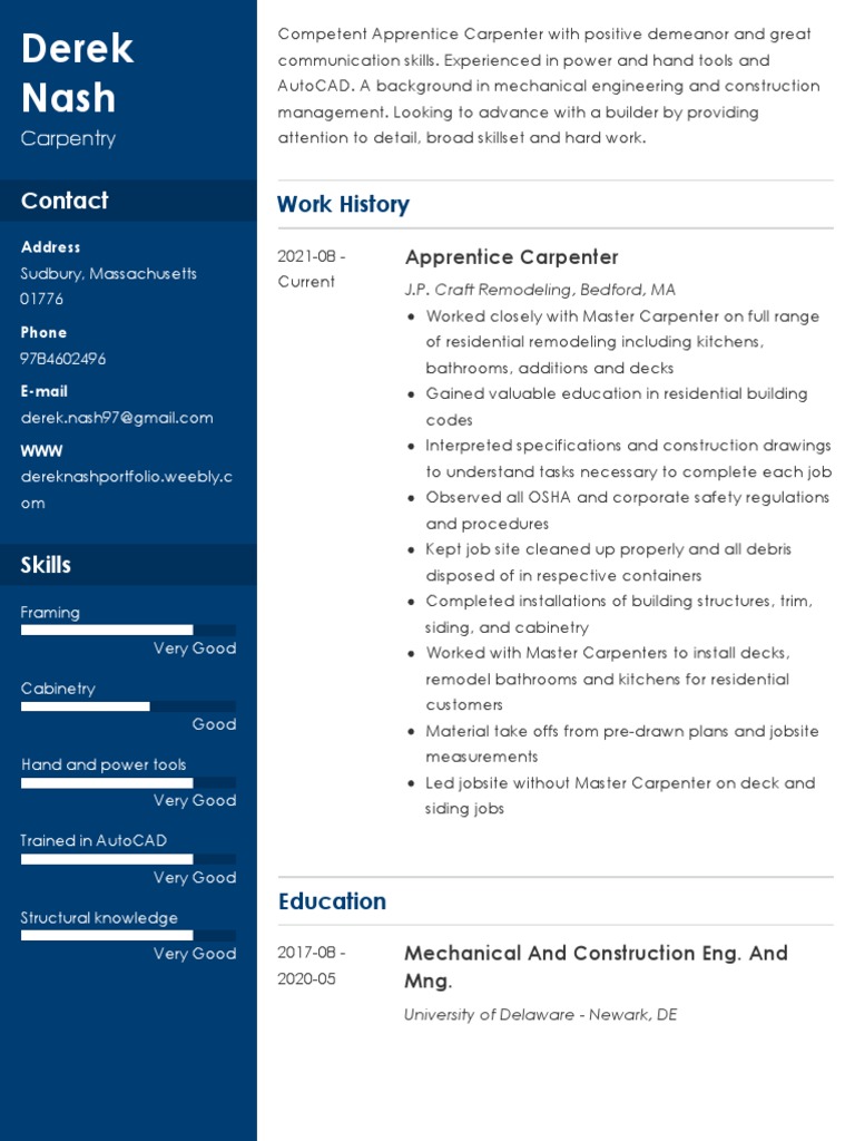 Derek Nash Resume 2024 | PDF | Carpentry | Business