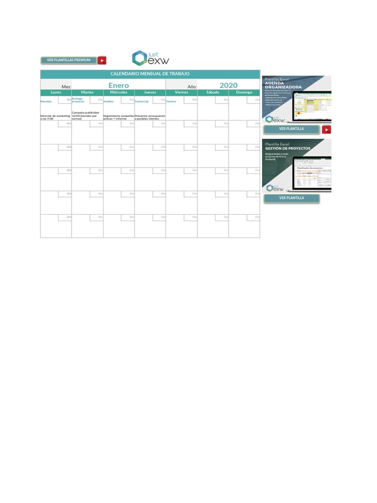 Plantilla Excel Calendario Mensual Trabajo | PDF