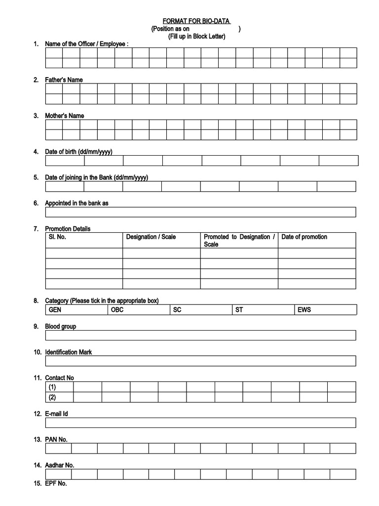 Format For Bio Data of Staff | PDF | Banks | Human Resource Management