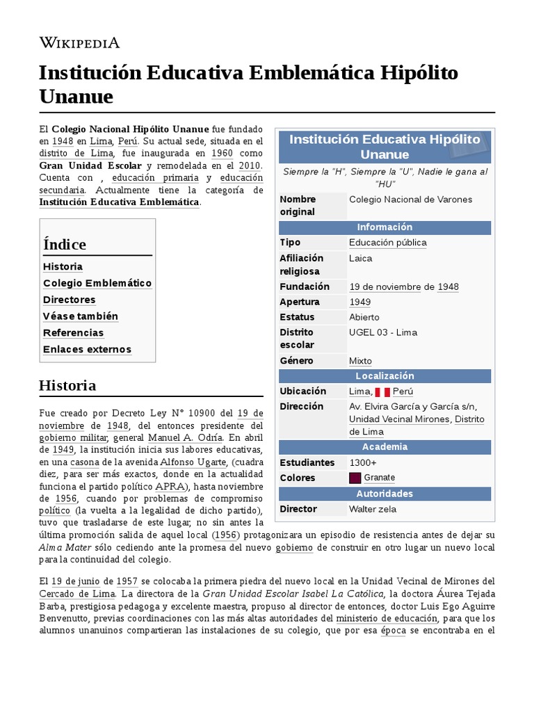 Institución Educativa Emblemática Hipólito Unanue | PDF | Wikipedia | Lima