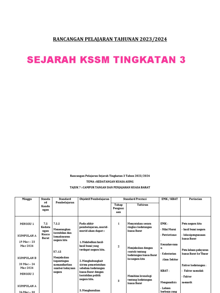 RPT 2023 Sejarah Tingkatan 3 KSSM | PDF
