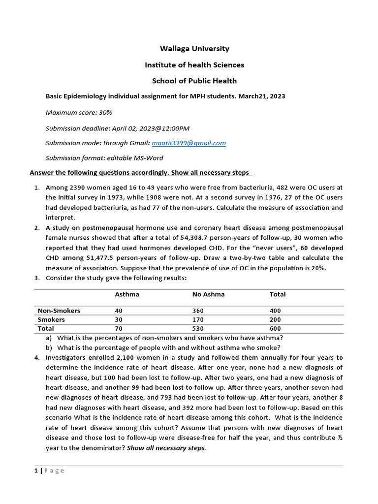 Basic Epidemiology Assignment For MPH Students | PDF | Incidence (Epidemiology) | Medicine