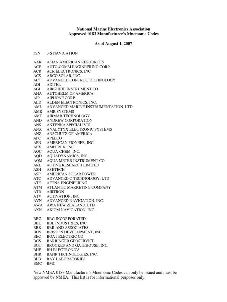National Marine Electronics Association Approved 0183 Manufacturer's ...