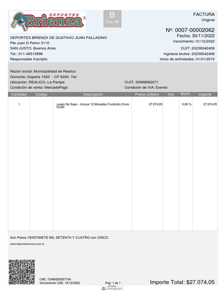 Factura: Cantidad Código Descripción Precio Unitario IVA Bonif. Importe ...