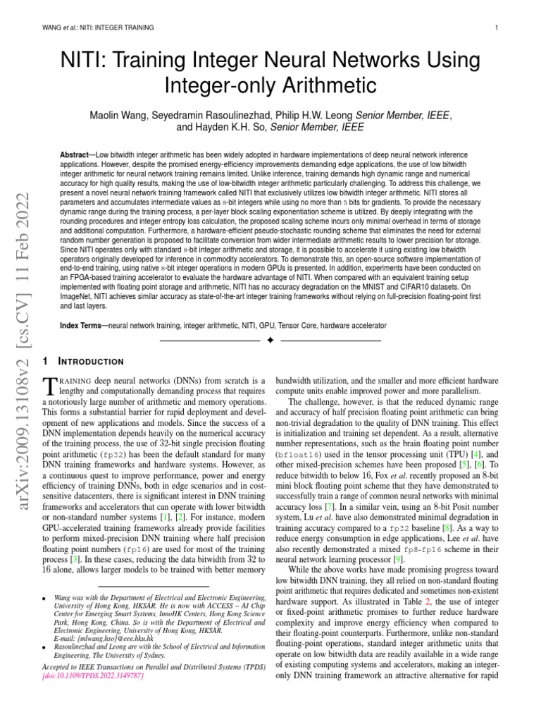 Niti Training Integer Neural Networks Using Integer Only Arithmetic Pdf Business