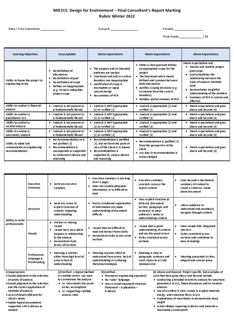 2023 MIE315 Final Consultants Report Rubric | PDF | Argument | Cognitive Science