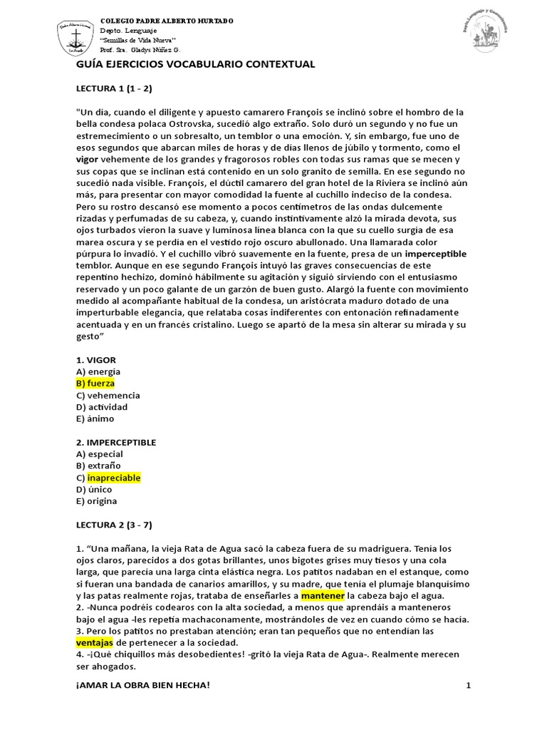 Guía Ejercicios Vocabulario Contextual | PDF | Lumbrera | Museo