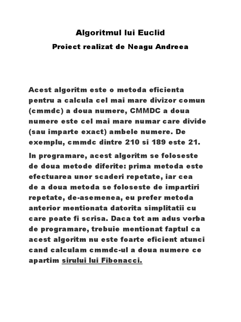 Algoritmul Lui Euclid. | PDF