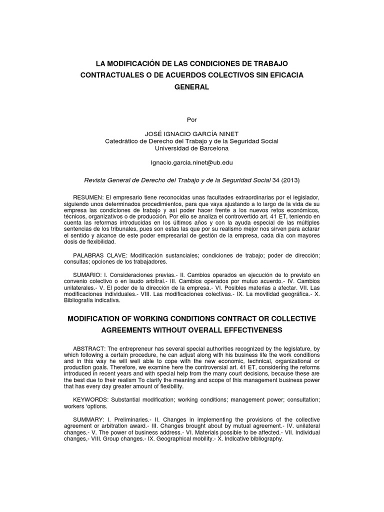 La Modificación de Las Condiciones de Trabajo Contractuales o de Acuerdos Colectivos Sin ...