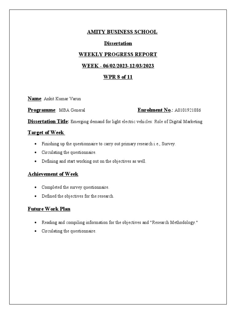 Amity Business School Dissertation Weekly Progress Report WEEK - 06/02/2023-12/03/2023 WPR 8 of ...