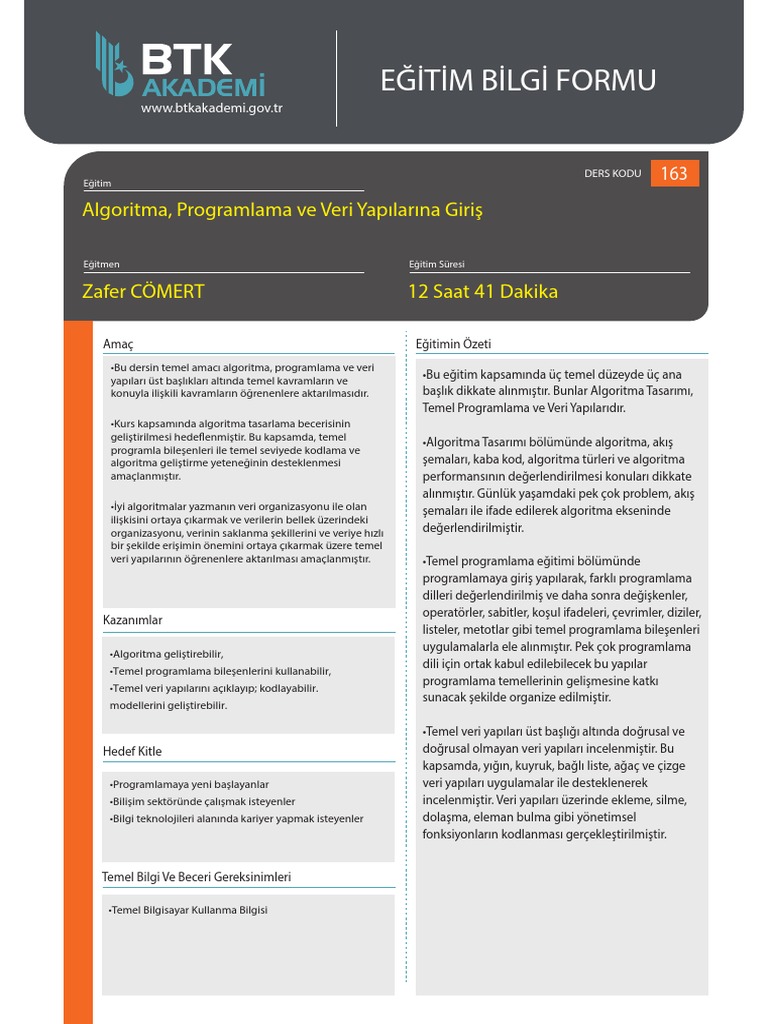 Algoritma Programlama Ve Veri Yap - Lar - E - Itimi Bilgi Formu | PDF