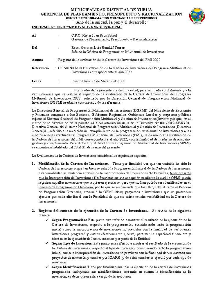 Informe #028-2023-Eval Del Pmi | PDF | Inversiones | Economias