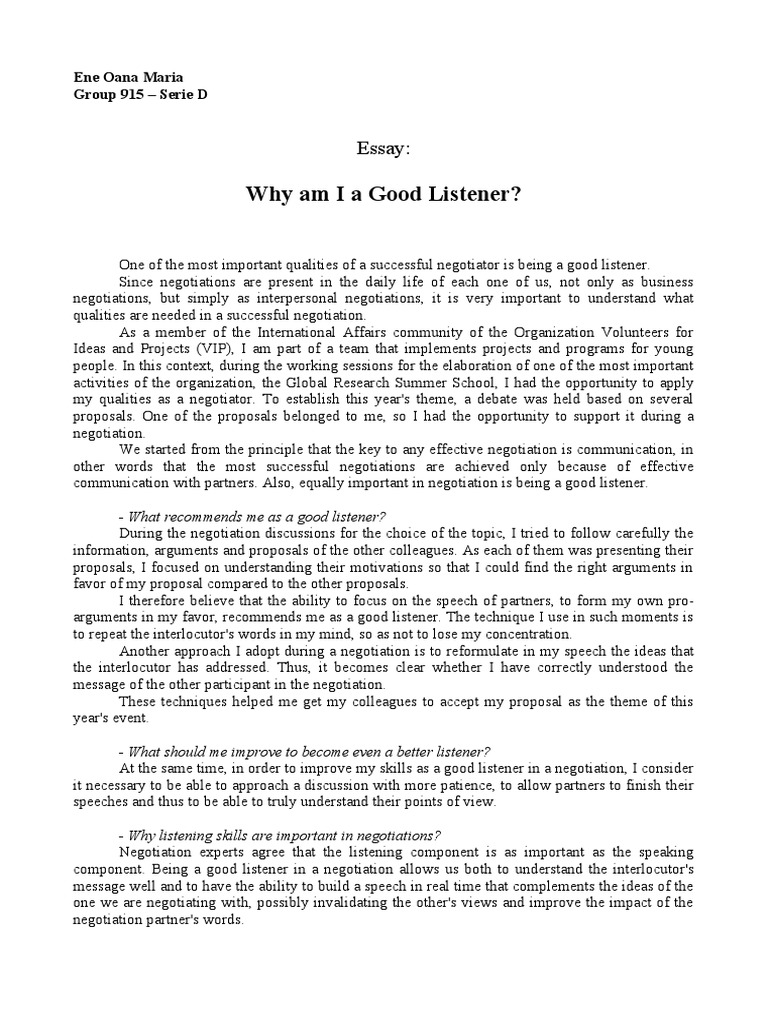 Ene Oana Maria - Gr.915 - Essay Why Am I A Good Listener | PDF | Negotiation | Communication