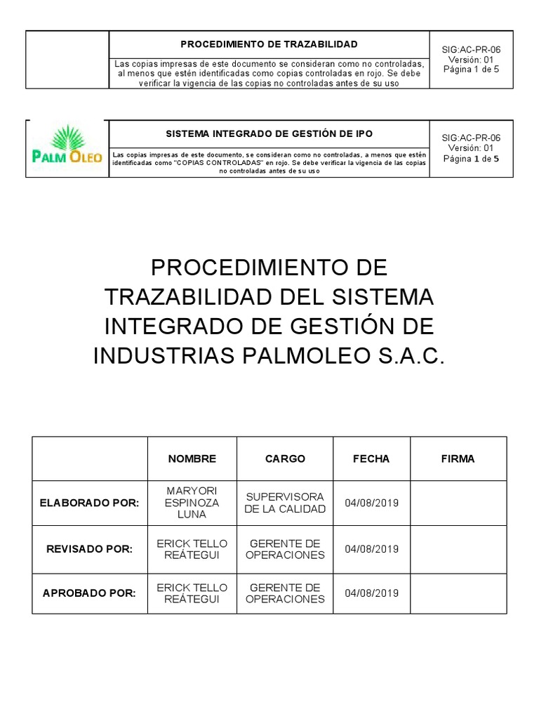 Sig-Ac-Pr-06 Procedimiento de Trazabilidad | PDF
