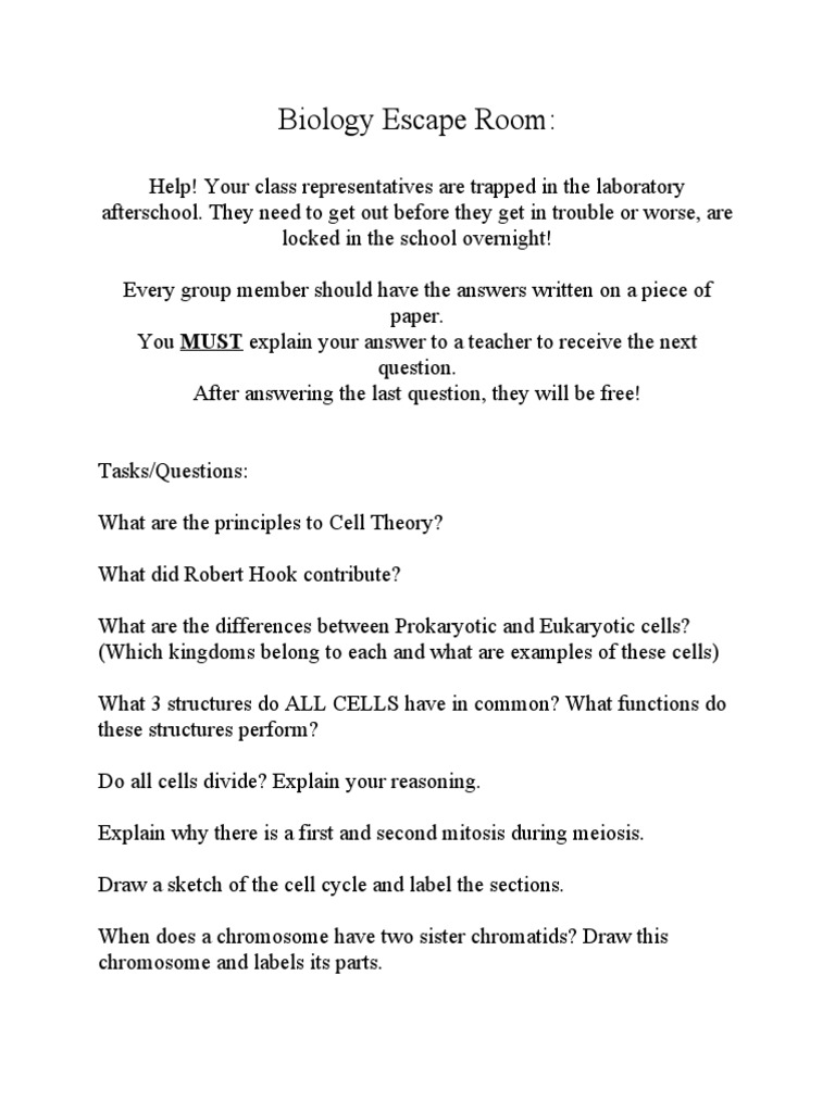 Mitosis and Meiosis Escape Room Guide | PDF