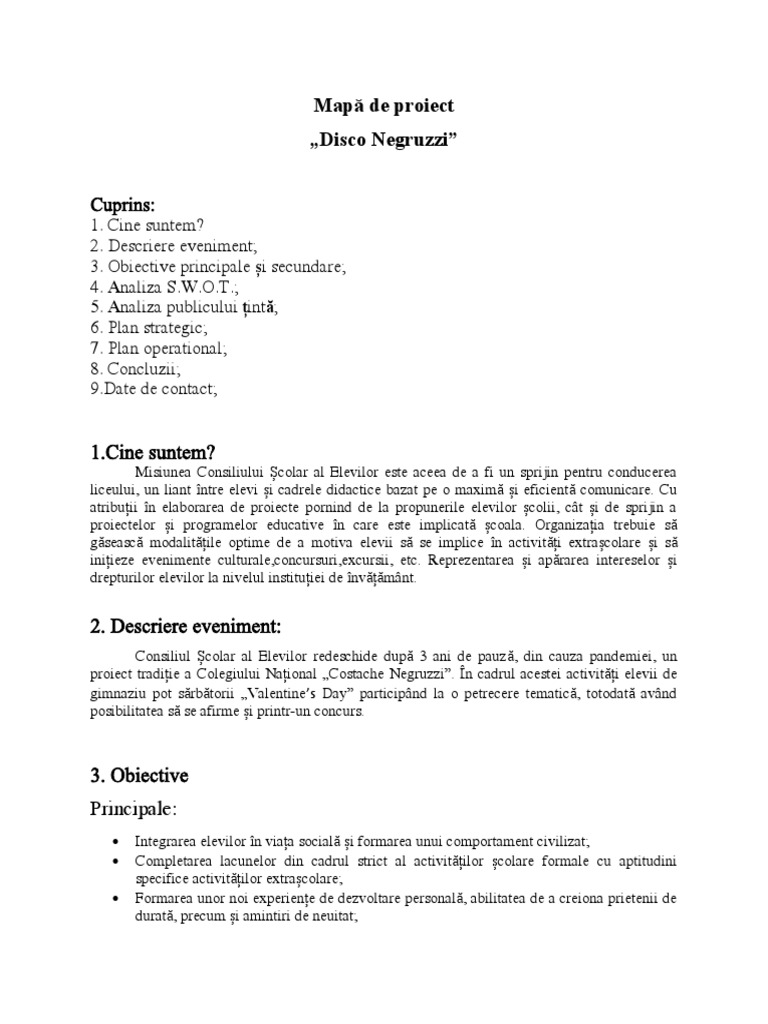 Mapă de Proiect Disco Negruzzi": Cuprins | PDF