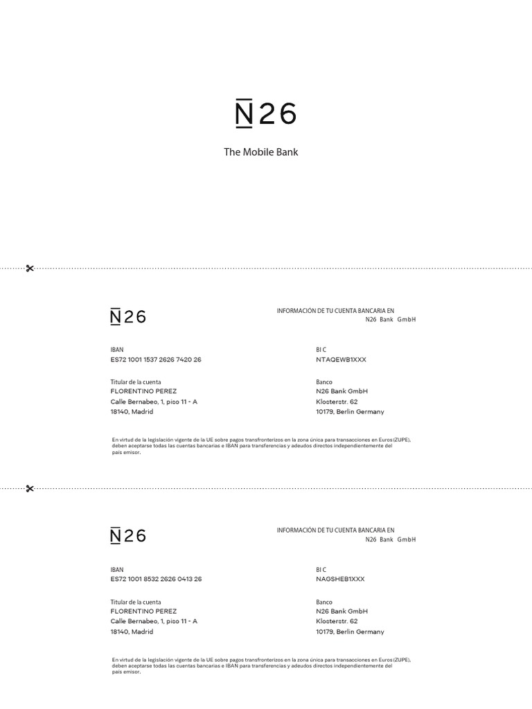 The Mobile Bank: Información de Tu Cuenta Bancaria en N26 Bank GMBH | PDF