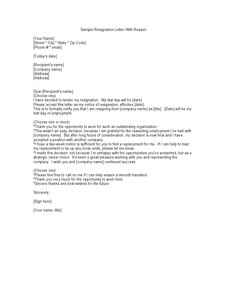 Simple Resignation Letter With Reason Template | PDF