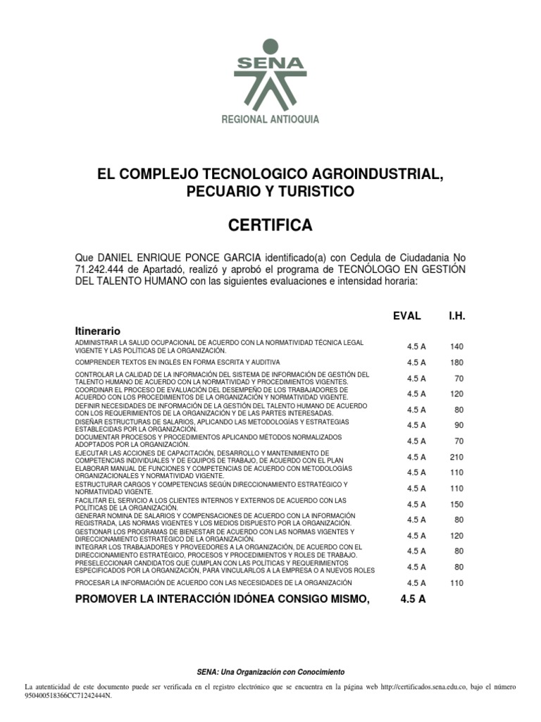 6 y 7. Contenido y Certificado de Notas Sena | PDF | Business