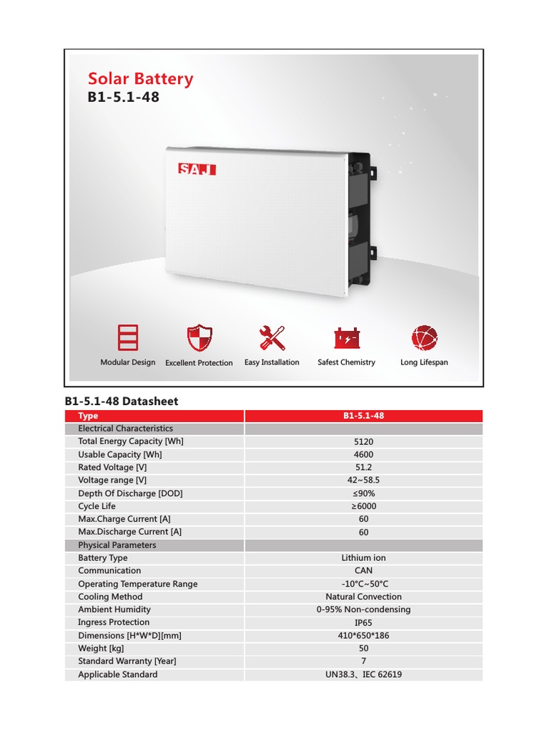 Ficha Técnica BATERÍA SAJ B1 5.1KW 48V | PDF
