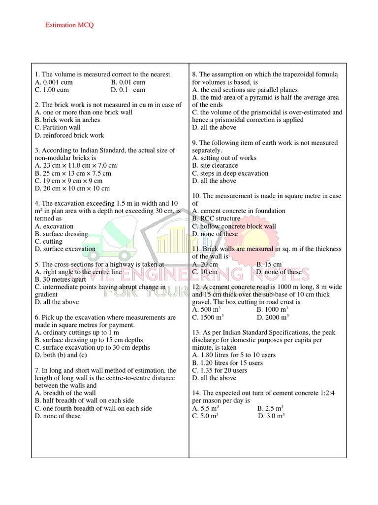 Estimation MCQ1 | PDF | Brick | Length