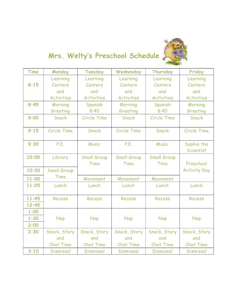Mrs. Welty's Preschool Weekly Schedule | PDF