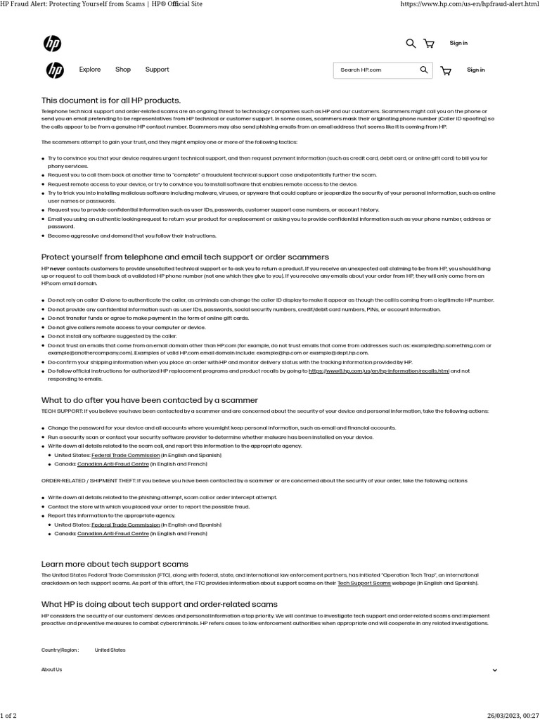 HP Fraud Alert Protecting Yourself From Scams HP® Official Site | PDF ...