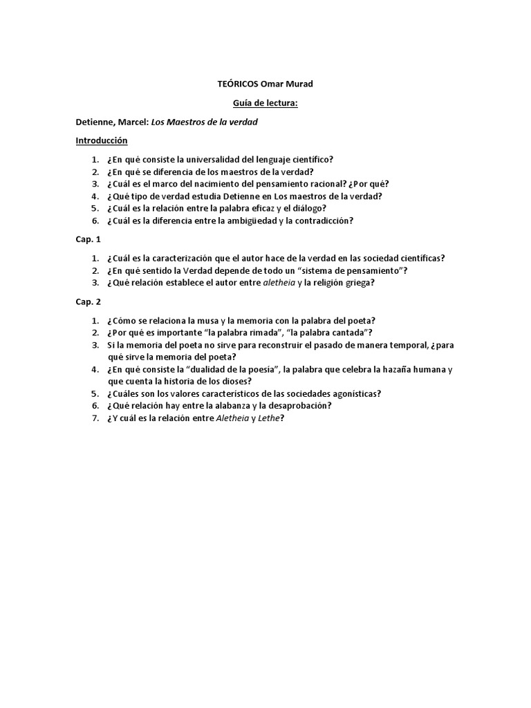 TEÓRICOS Omar Murad Guía de Lectura: Detienne, Marcel: Los Maestros de ...