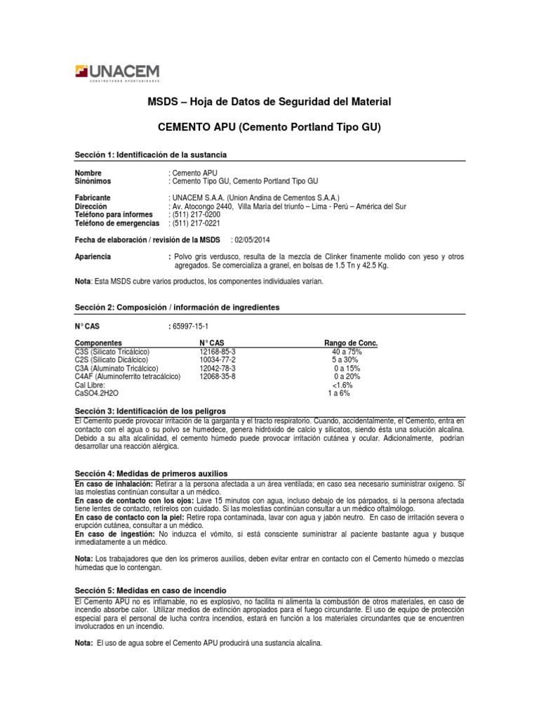 HOJA DE SEGURIDAD - MSDS Cemento APU - Cemento Portland Tipo GU | PDF ...