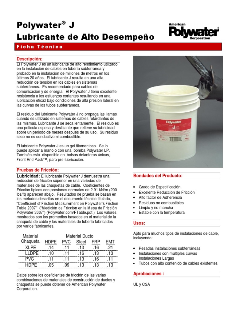 Ficha Tecnica - Lubricante J Polywater | PDF | Lubricante | Tubería ...