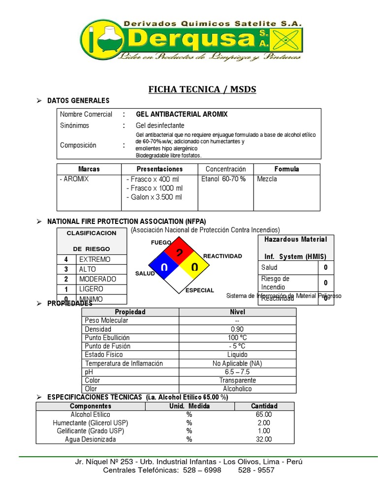 Ficha Tecnica Gel Desinfectante Aromix | PDF | Etanol | Agua