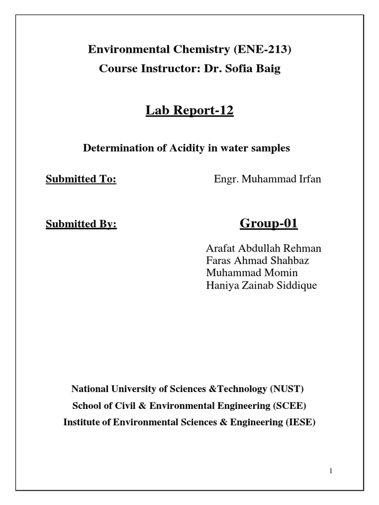 Lab Report-12: Environmental Chemistry (ENE-213) Course Instructor: Dr ...