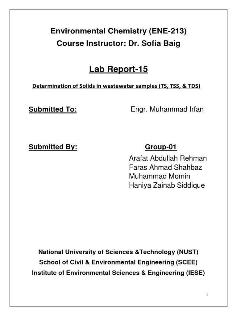 Lab Report-15: Environmental Chemistry (ENE-213) Course Instructor: Dr ...