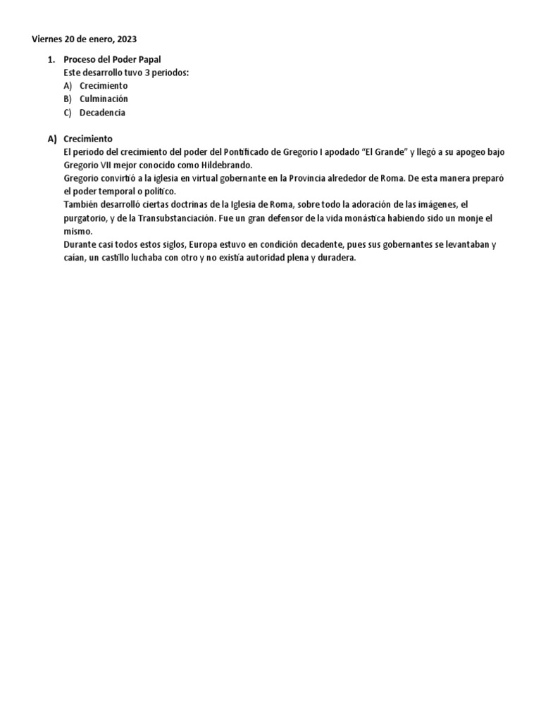 Viernes 20 de Enero, 2023 1. Proceso Del Poder Papal | PDF