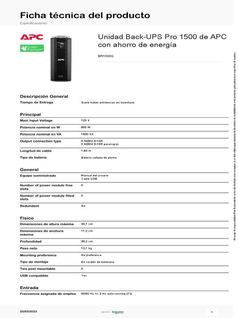 Back-UPS Pro - BR1500G | PDF | Cantidades fisicas | Ciencias fisicas