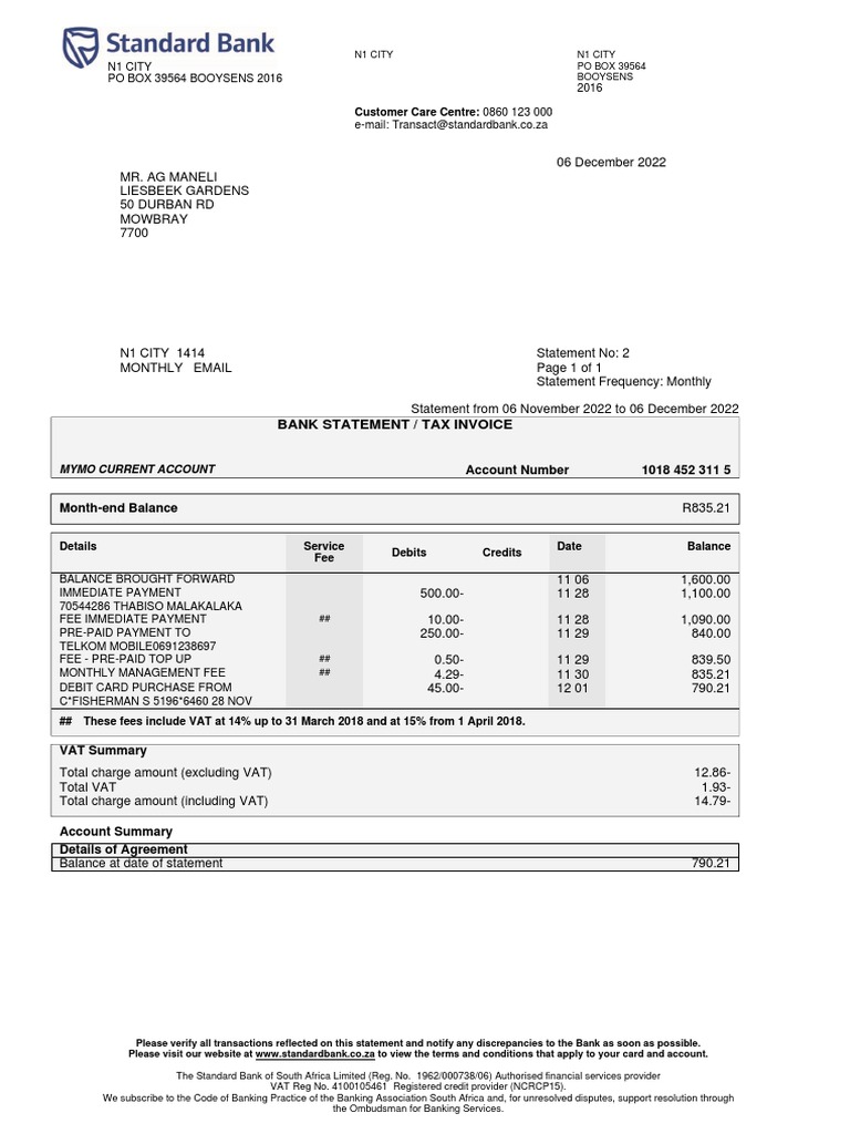 Bank Statement / Tax Invoice: Customer Care Centre: 0860 123 000 | Download Free PDF | Value ...