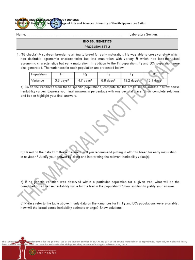 Bio 30: Genetics Problem Set 2: Genetics and Molecular Biology Division ...