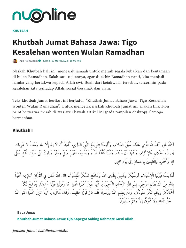 Khutbah Jumat Bahasa Jawa: Tigo Kesalehan Wo Nten Wulan Ramadhan | PDF