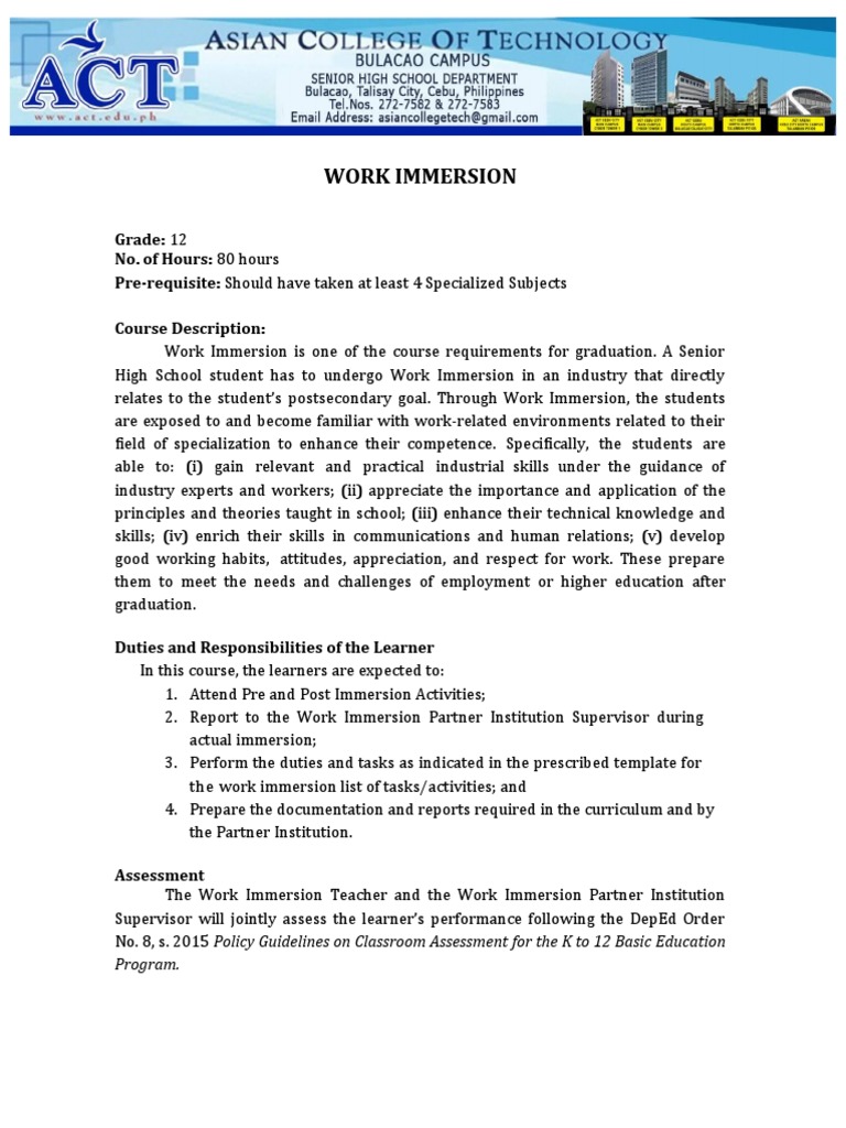 Description of Work Immersion Program | PDF