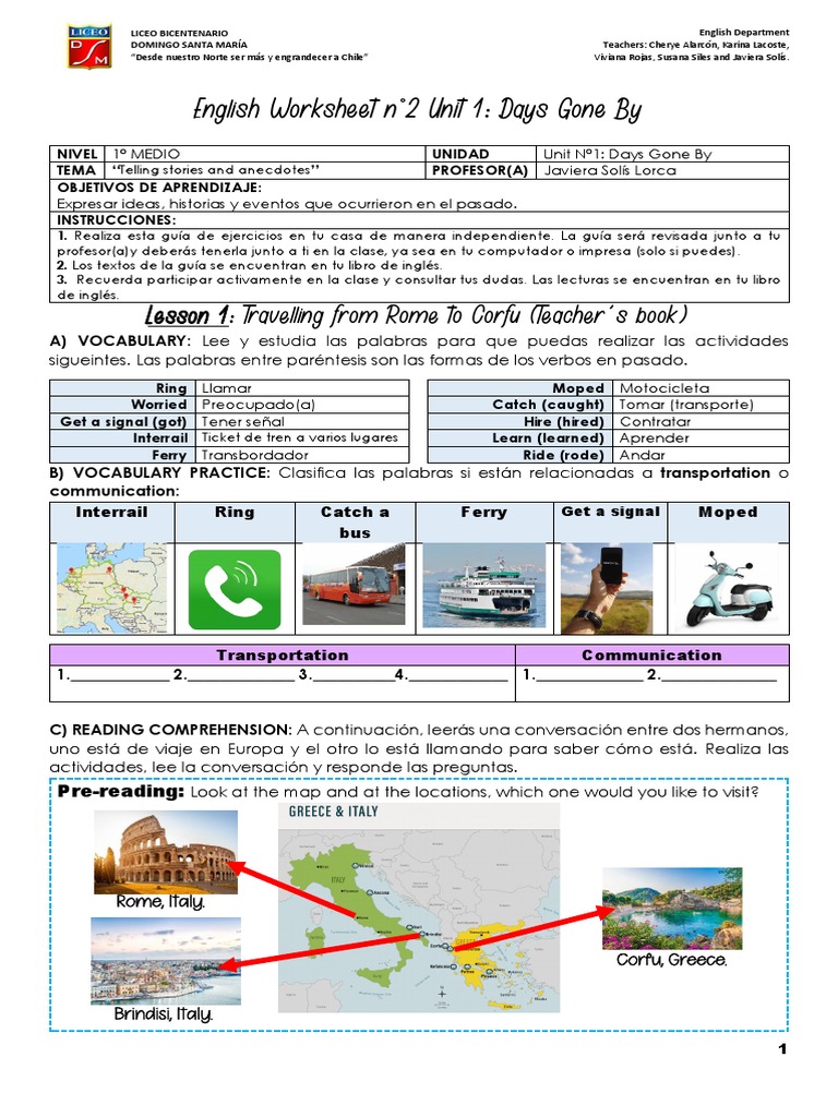 Worksheet N°2 Unit 1 Days Gone by 1°medio | PDF