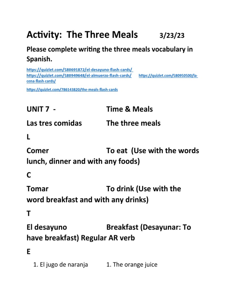 Spanish Vocabulary for Three Meals | PDF | Language Arts & Discipline