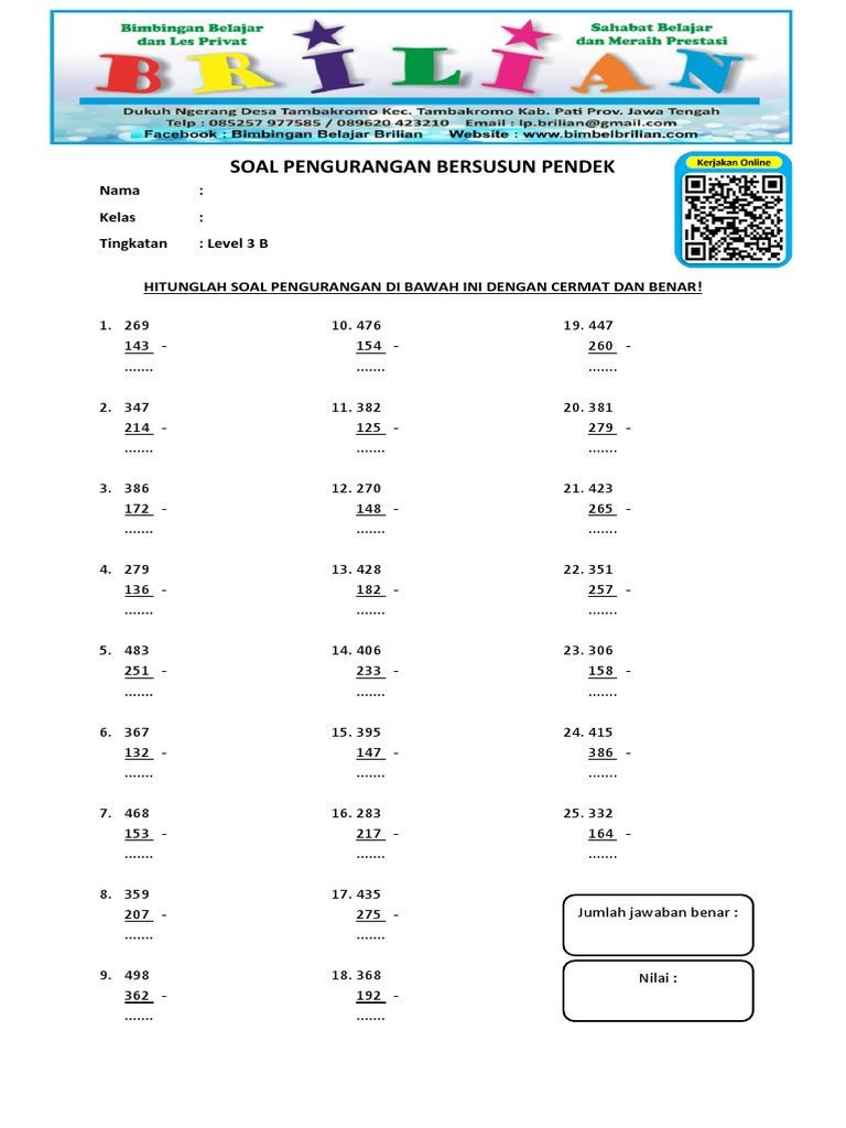 Soal Pengurangan Bersusun Pendek Level 3B | PDF