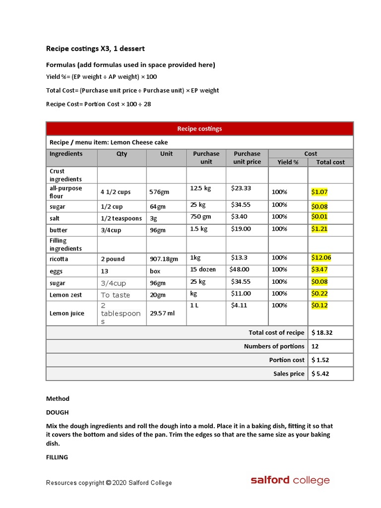 Recipe Costings Dessert | PDF | Cakes | Foods