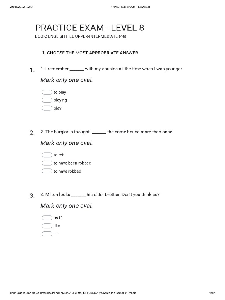 Practice Exam - Level 8: Mark Only One Oval | PDF