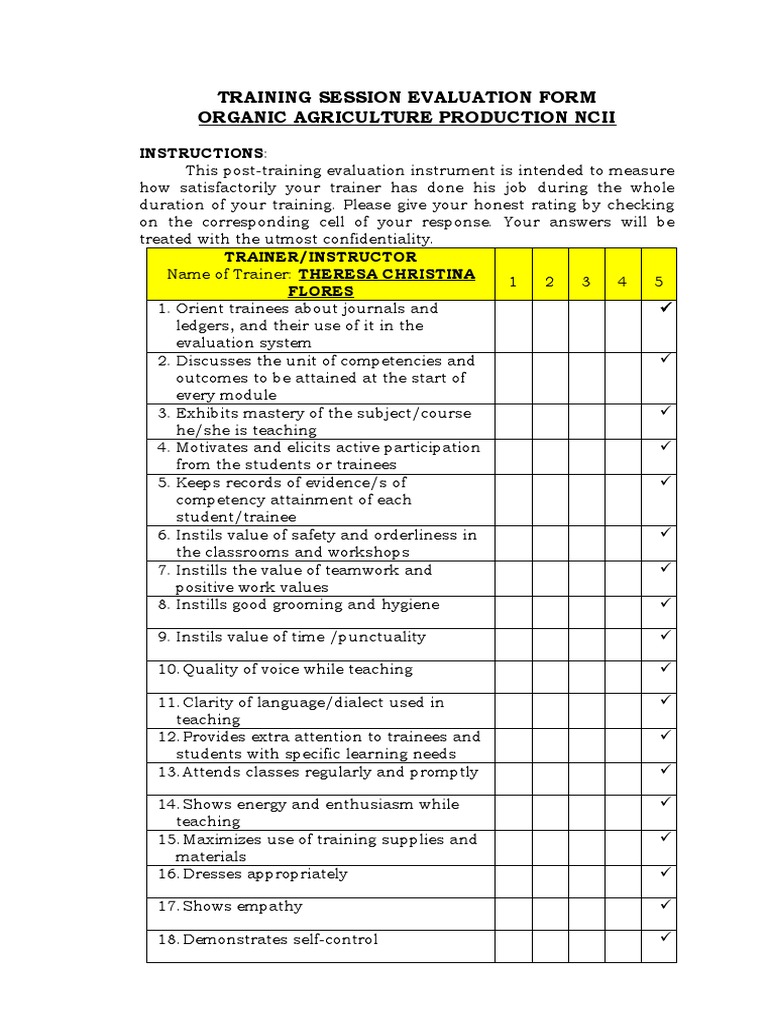 Training Session Evaluation Form Organic Agriculture Production Ncii ...