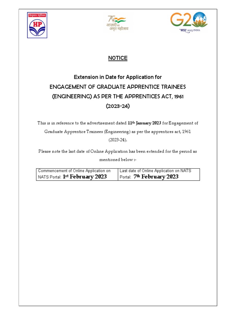 Engagement of Graduate Apprentice Trainees (Engineering) As Per The Apprentices Act, 1961 (2023 ...