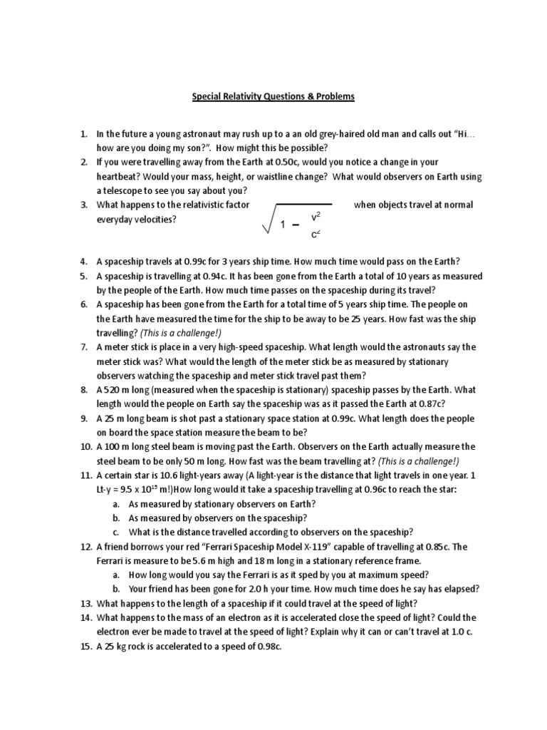 HL-Relativity Worksheet | PDF | Time | Speed Of Light