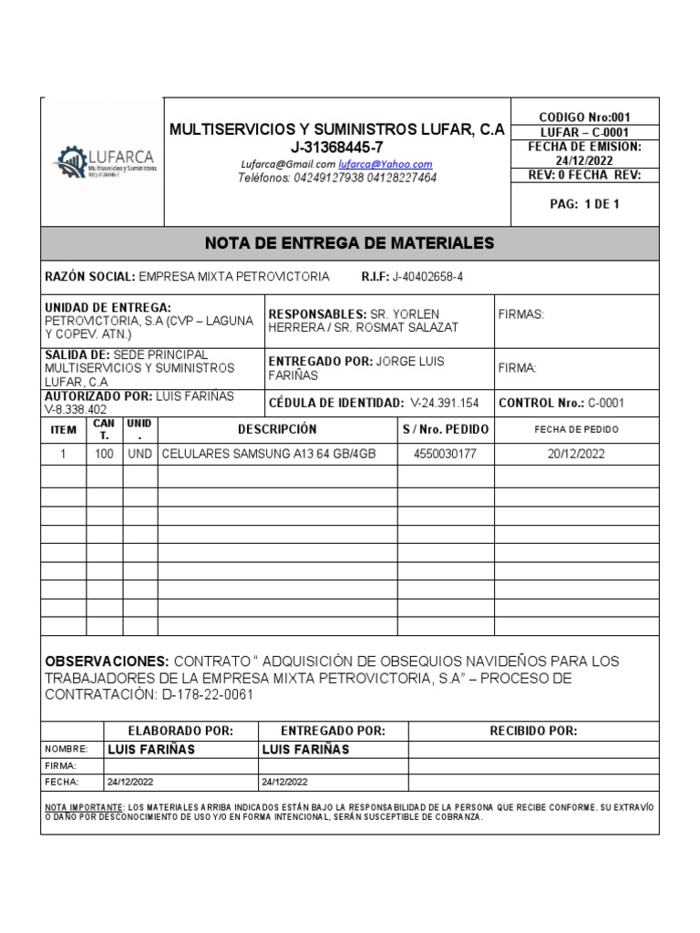 Formato Nota de Entrega de Materiales 24-12-2022 | PDF